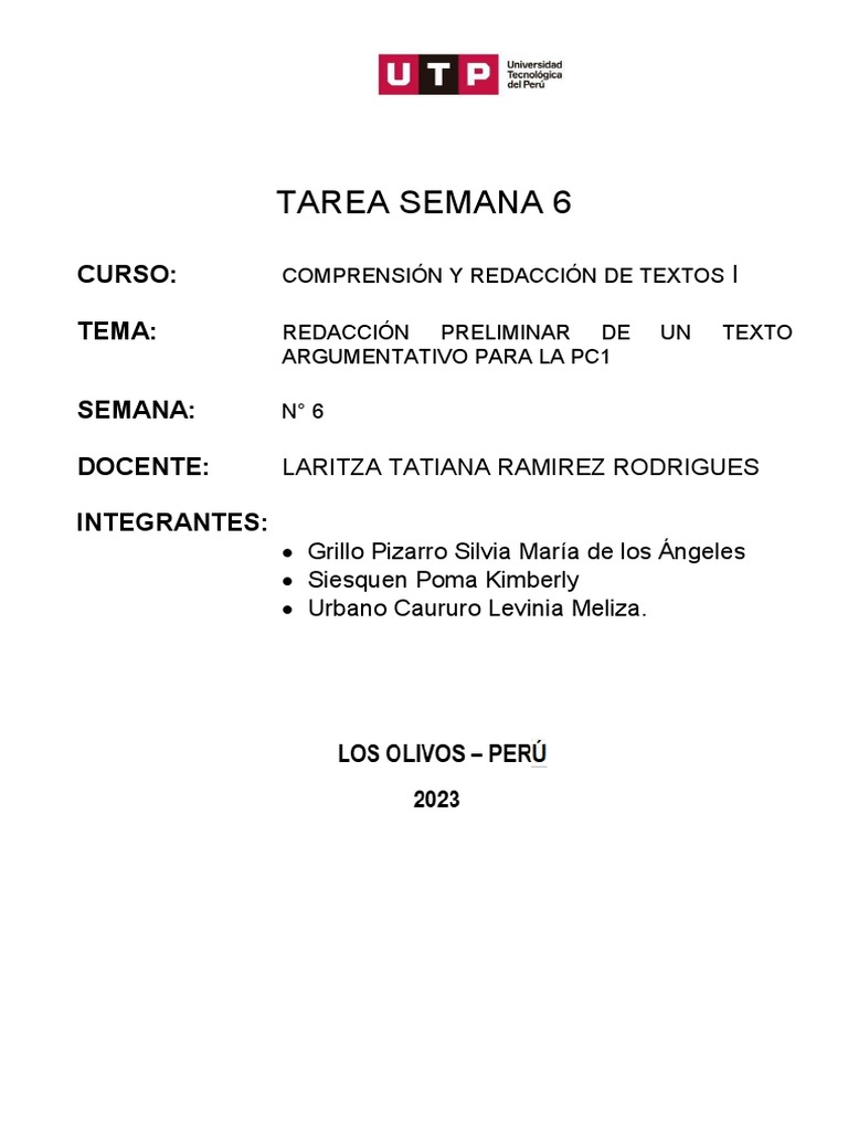 CyRT Semana 06 - Tarea Redacción Preliminar de Un Texto Argumentativo para La PC1 | PDF | Perú ...