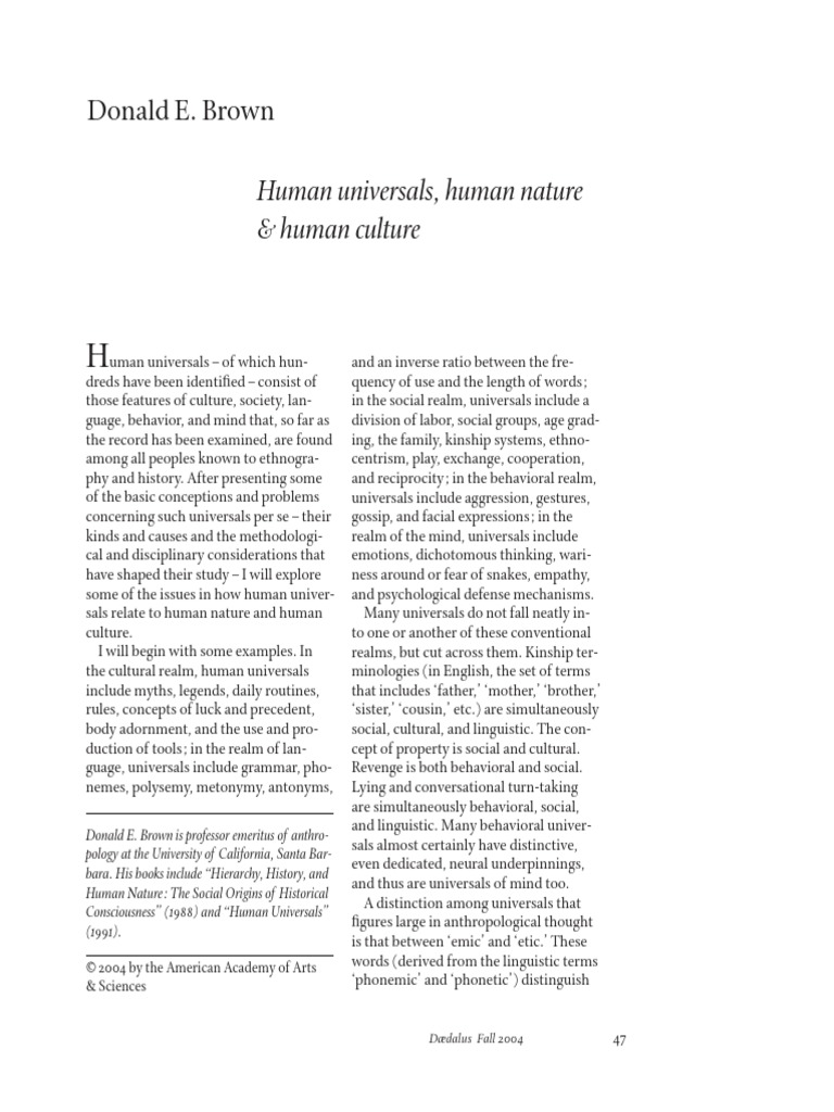 Donald E. Brown: Human Universals, Human Nature & Human Culture | PDF ...