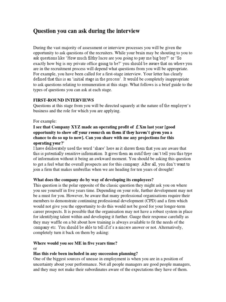 Question You Can Ask During The Interview | PDF | Question | Interview