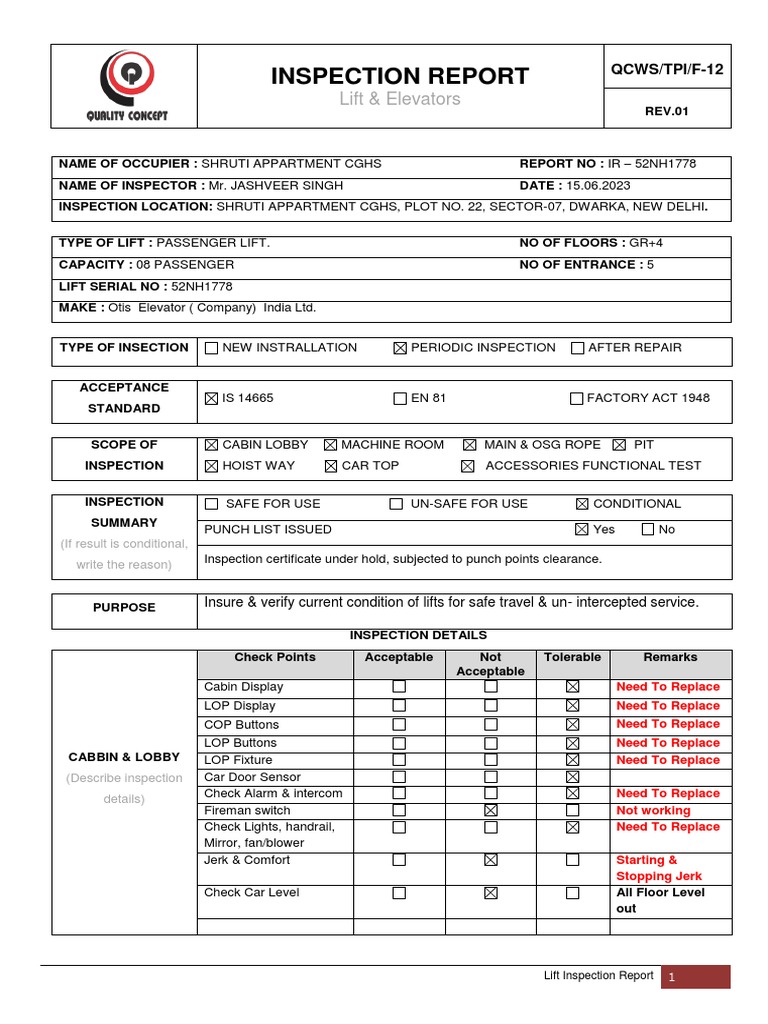 Inspection Report - 52NH1778 | PDF | Elevator | Mechanical Engineering