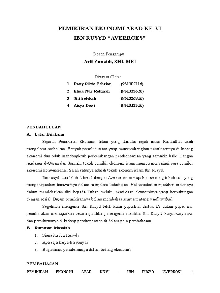Pemikiran Ekonomi Ibn Rusyd dan Mudharabah | PDF | Ilmu Sosial
