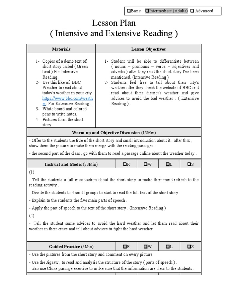 ( Intensive and Extensive Reading ) lesson plan | PDF | Part Of Speech ...