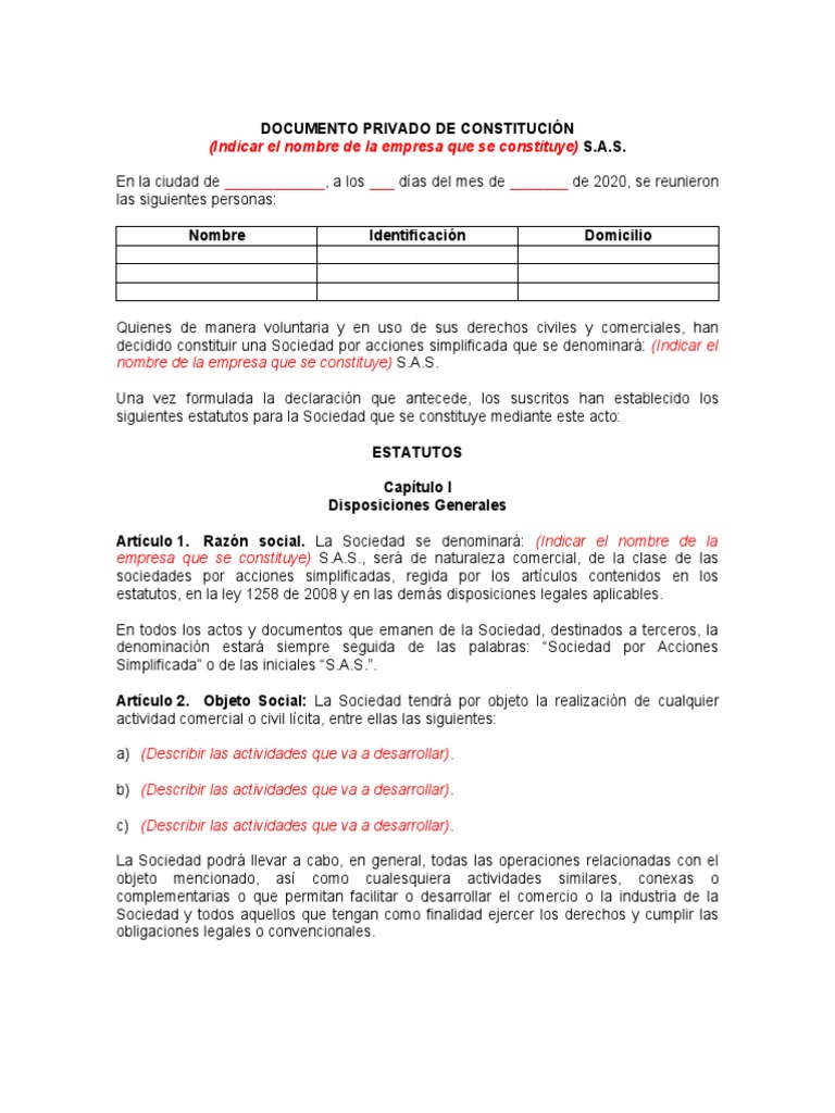 Documento Privado de Constitucion Sas | PDF | Sociedad de responsabilidad limitada | Compartir ...