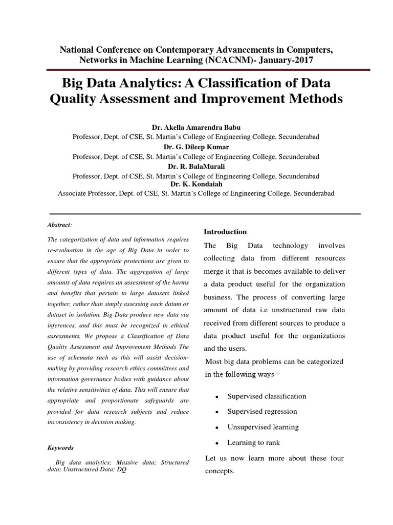 184.big Data Analytics A Classification of Data Quality Assessment and Improvement Methods | PDF ...