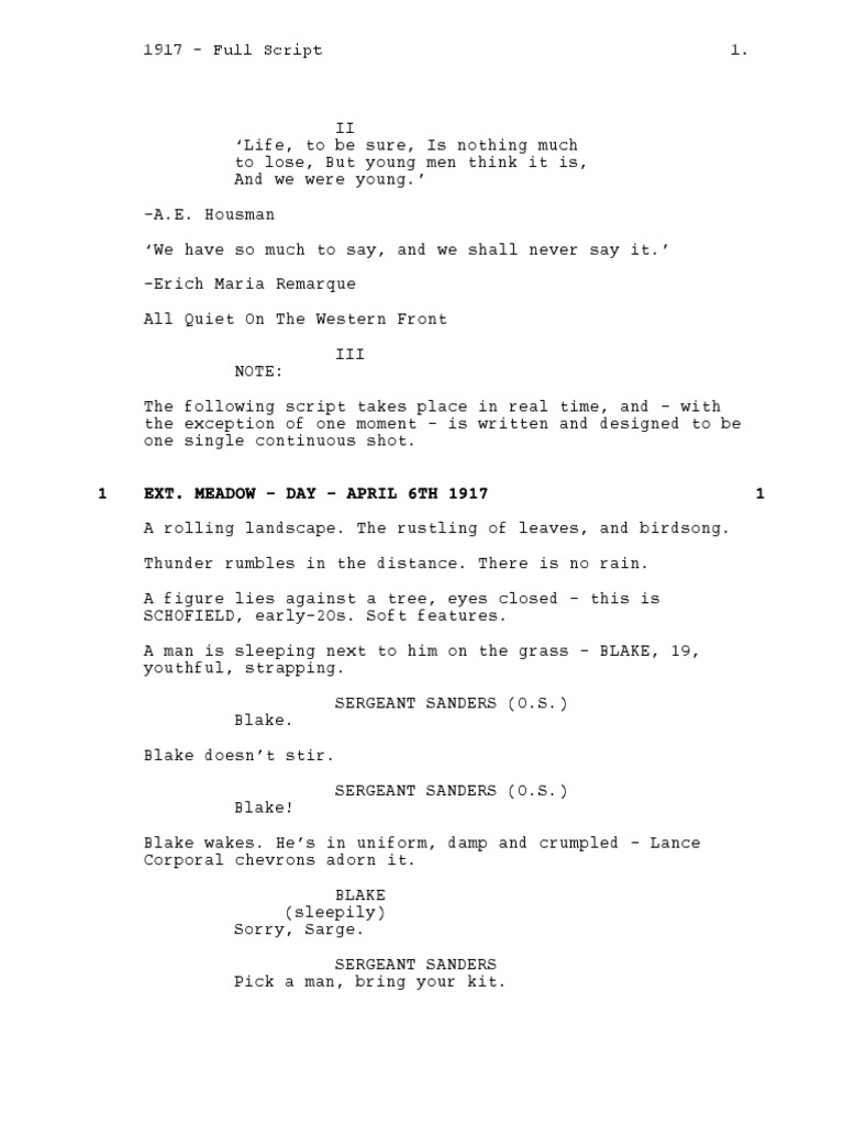 1917 Screenplay | PDF | Trench Warfare