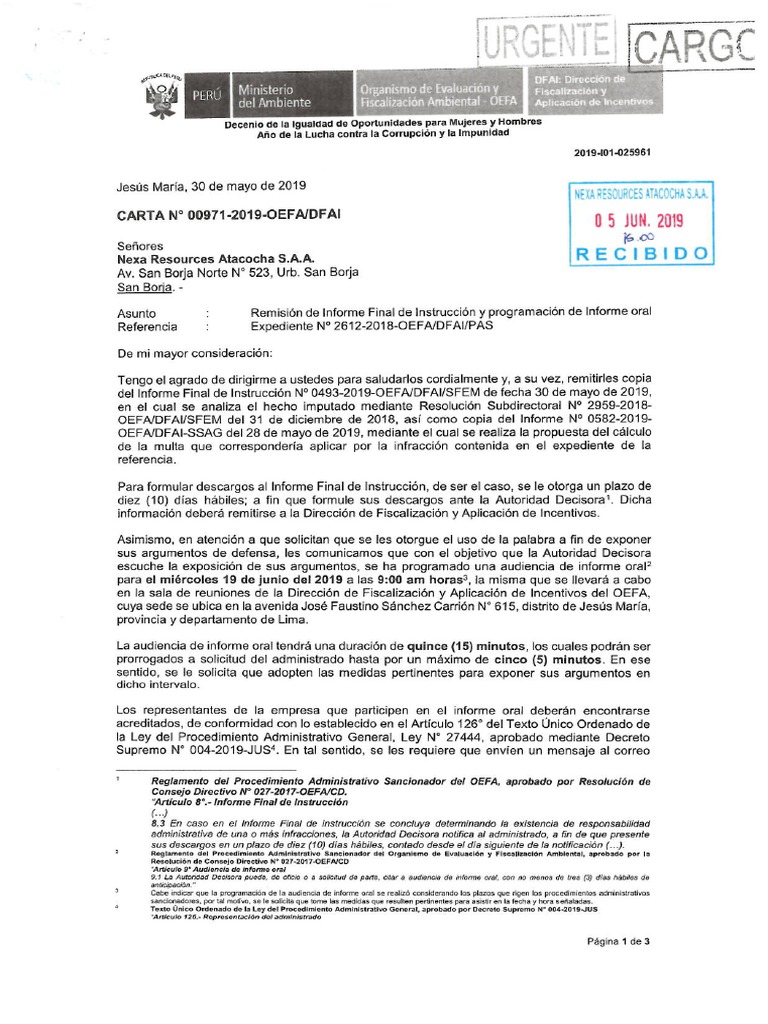 Ifi - Carta N°00971-2019-Oefa | PDF