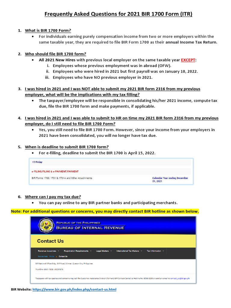 FAQs for 2021 BIR 1700 Form | PDF