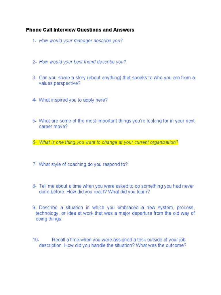Phone Call Interview Questions and Answers | PDF | Psychology | Cognition
