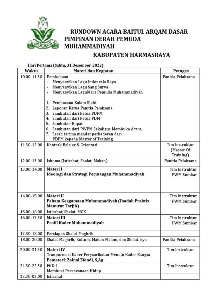 Rundown Acara Baitul Arqam Dasar Pimpinan Derah Pemuda Muhammadiyah-1 Dharmasraya | PDF