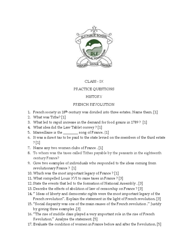 Class 9 French Revolution Practice Questions | PDF | French Revolution ...
