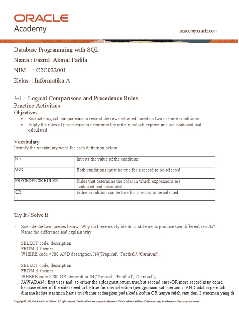 DP 3 1 Practice Fazrulakmalfadila c2c022001 | PDF | Oracle Corporation | Trademark