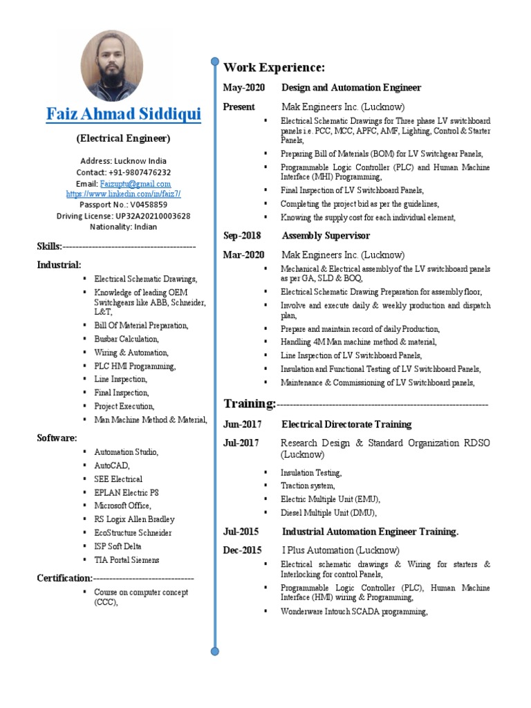 Resume Electrical Engineer Faiz | PDF | Programmable Logic Controller | Automation
