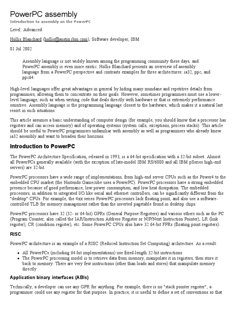 PowerPC Assembly Overview | PDF | Program Optimization | 64 Bit Computing