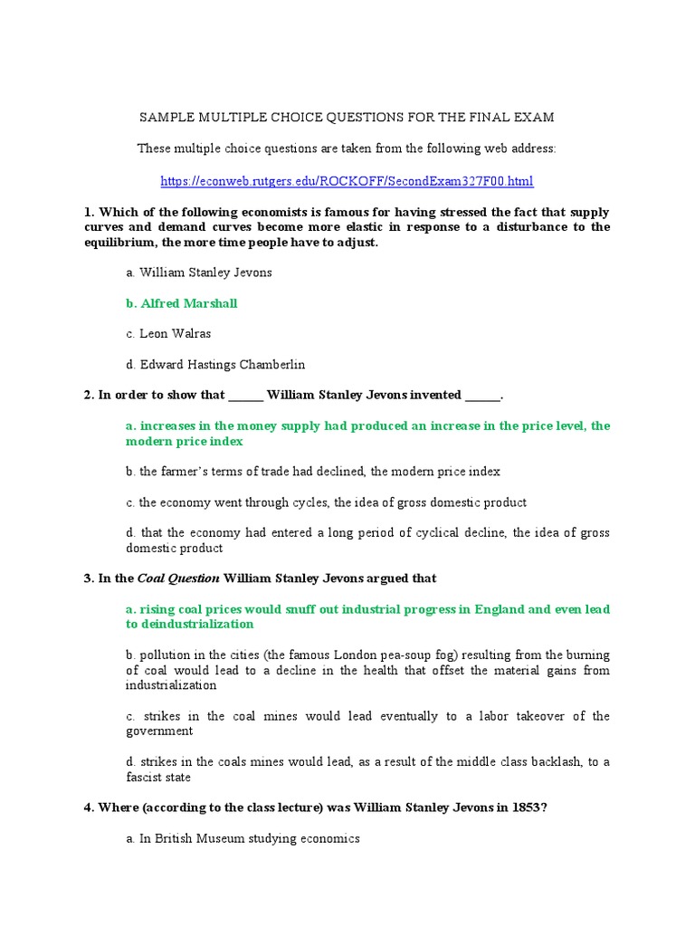 Sample Multiple Choice Questions For The History of Economic Thought ...