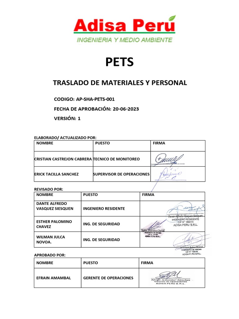 AP-SHA-PETS-001. TRASLADO DE MATERIALES Y PERSONAL | PDF | Neumático ...