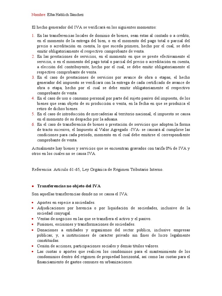 El Hecho Generador Del IVA Se Verificará en Los Siguientes Momentos ...