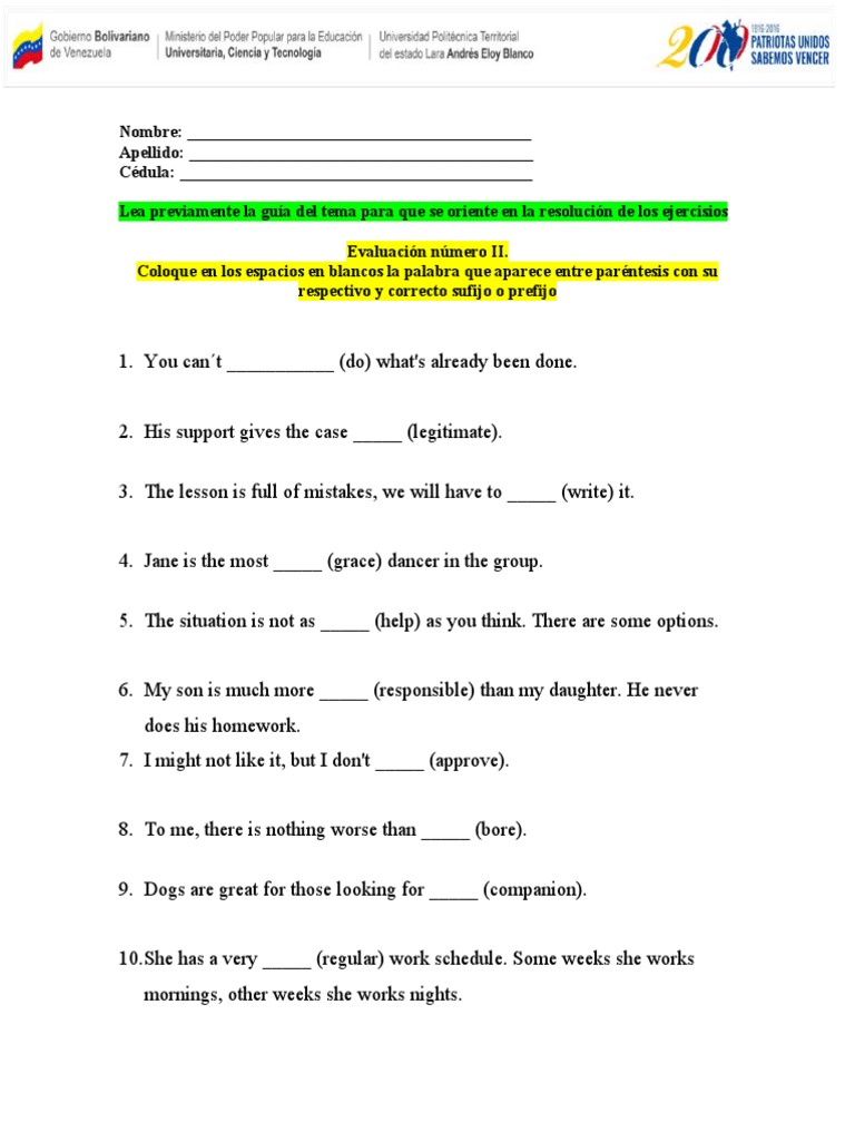 Evaluación Prefijos y Sufijos | PDF