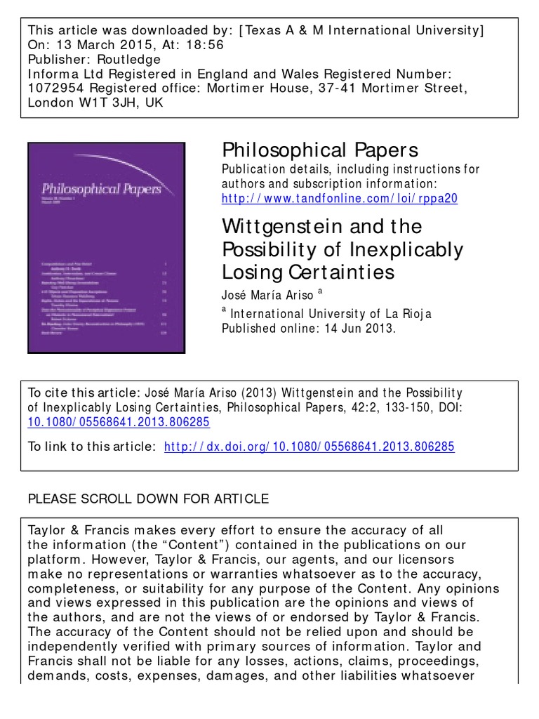 Ariso, José - Wittgenstein and The Possibility of Inexplicably Losing ... Ariso, José - Wittgenstein and The Possibility of Inexplicably Losing ...
