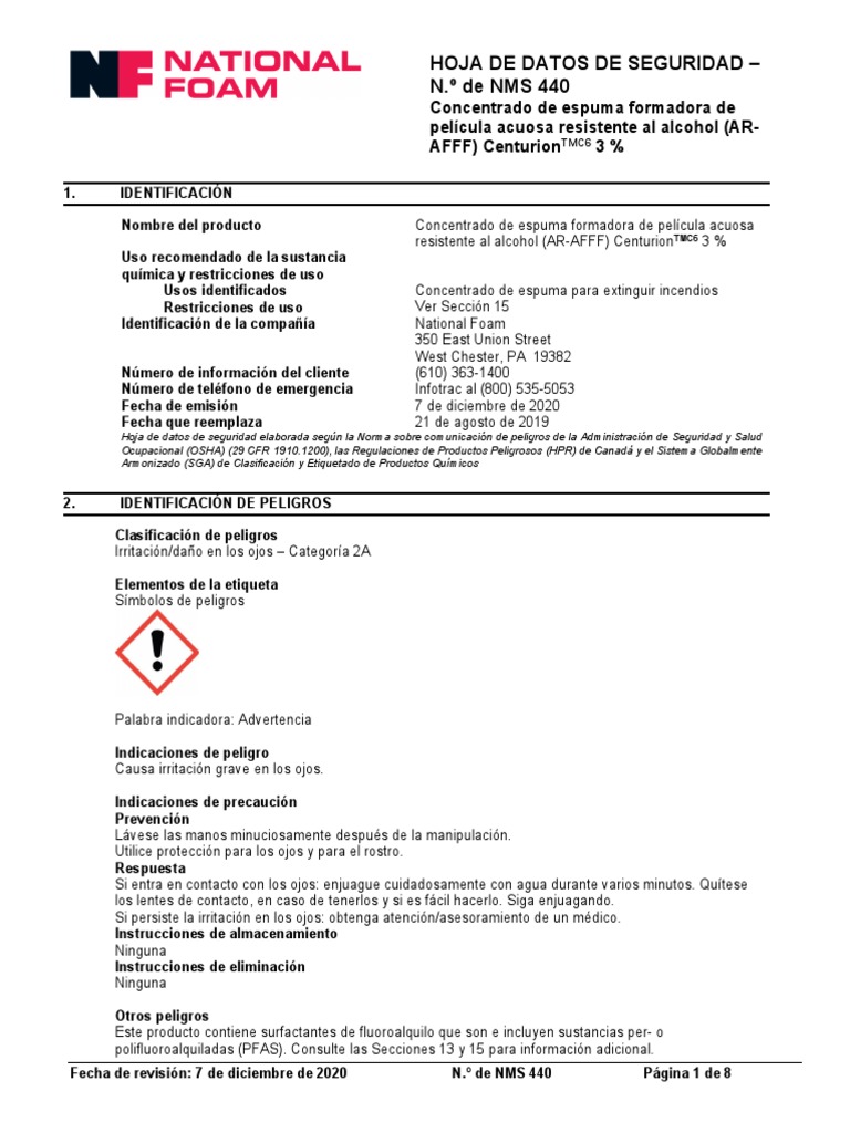 NMS440 - Centurion 3 AR AFFF Concentrate - 12072020 - ESLA | PDF | Administración de Seguridad y ...