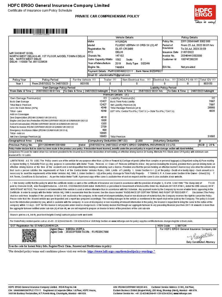 Private Car Comprehensive Policy: Certificate of Insurance Cum Policy ...