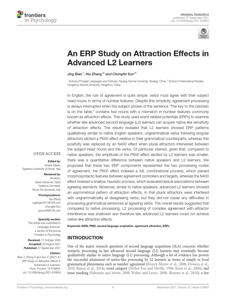 ERP Study on L2 Attraction Effects | PDF | Second Language | Second ...