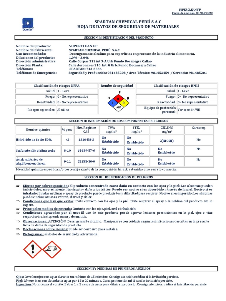 Superclean Fp - Msds | PDF | Agua | Química