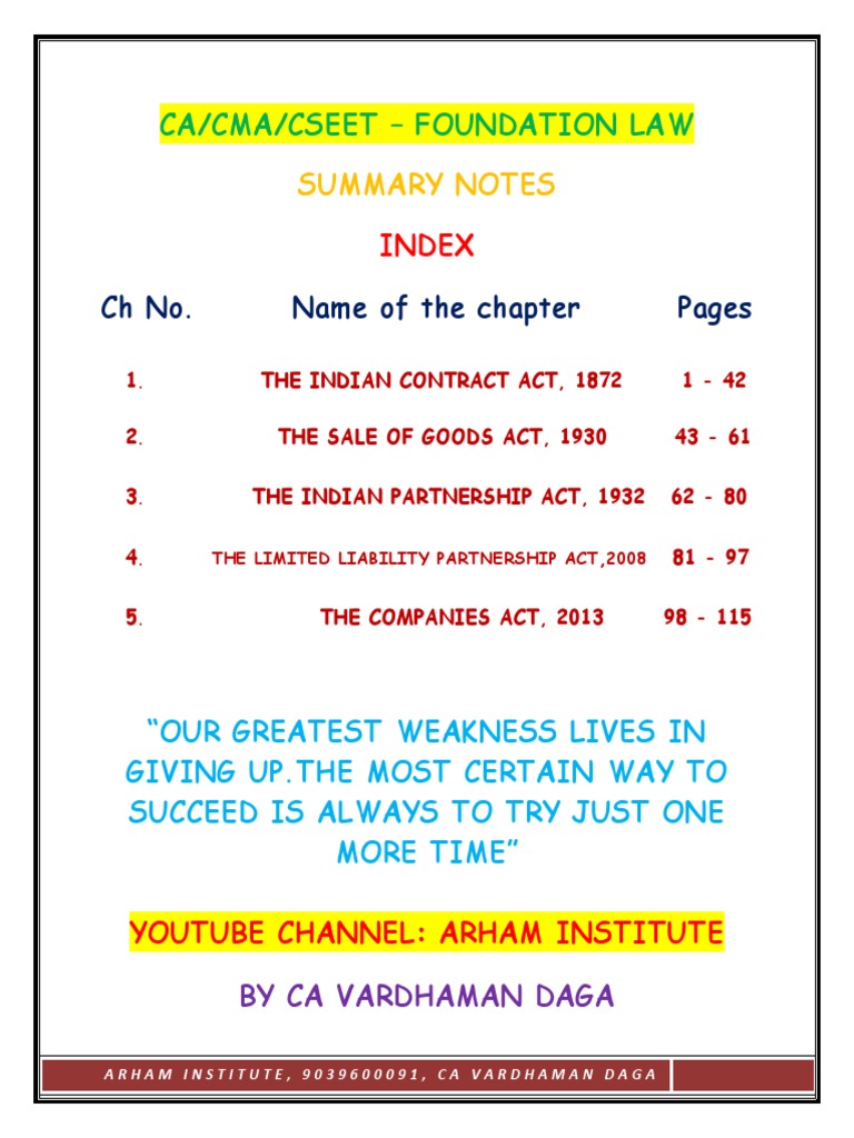 Ca Foundation Law Colourful Summary Notes | PDF | Misrepresentation ...