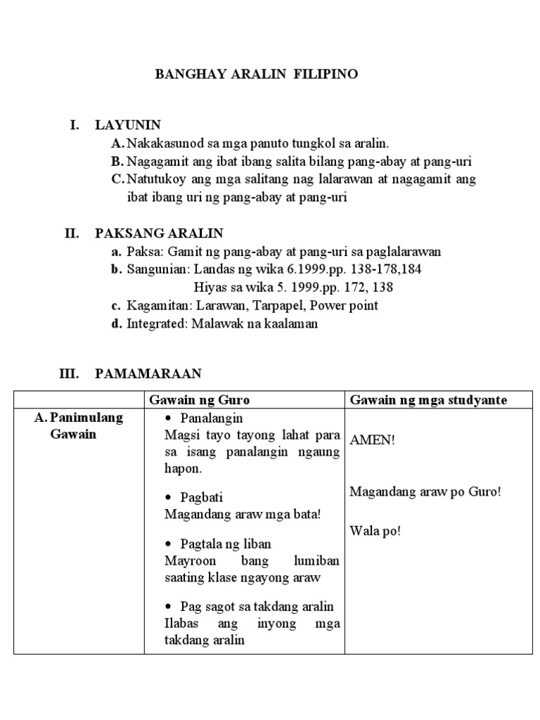 Banghay Aralin Filipino | PDF