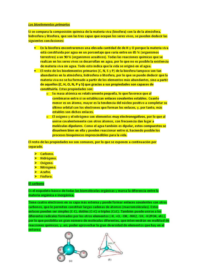 Los Bioelementos Primarios | PDF | Enlace covalente | Polaridad química