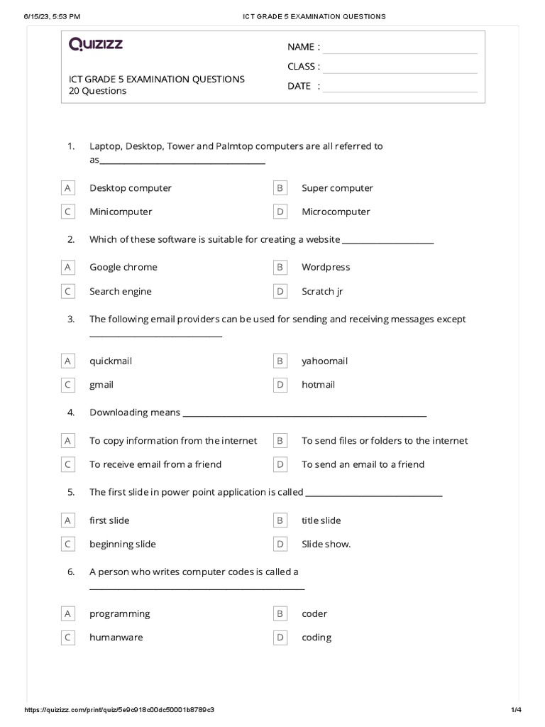 Ict Grade 5 Examination Questions2 Pdf World Wide Web Internet Web