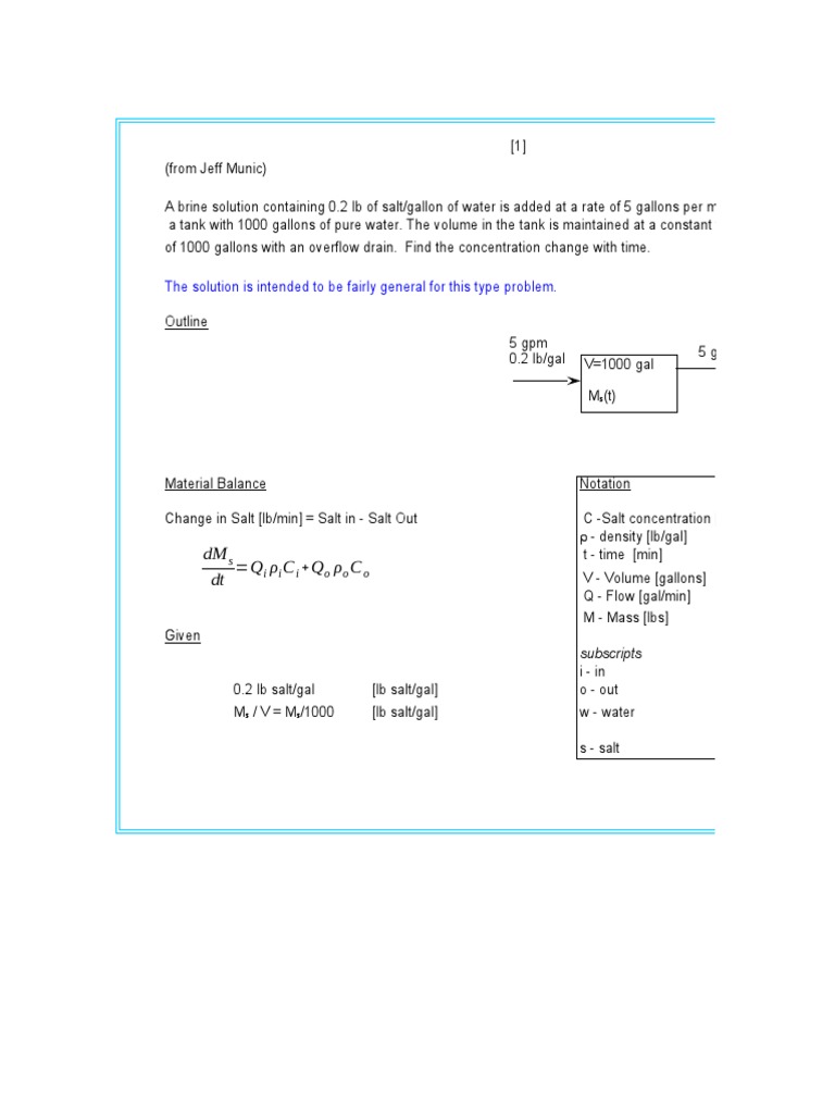 Salt Concentration in Overflow Tank | PDF | Spreadsheet | Ordinary ...