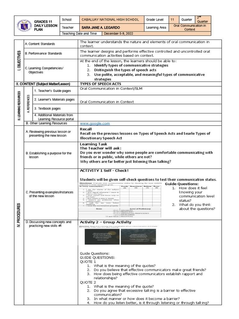 DLL On Oral Communication WEEK 9 | PDF | Learning | Communication