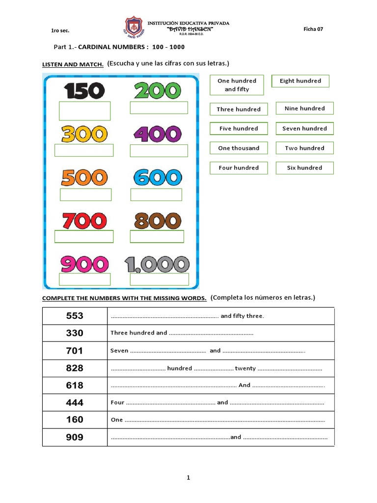 Cardinal Numbers Practice Worksheet | PDF
