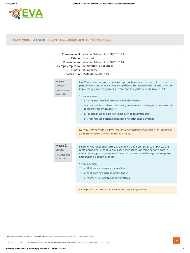 EXAMEN FINAL TRIBUTACION I CL A012 013 01.2022 Revisi N Del Intento PDF | PDF | Impuestos ...