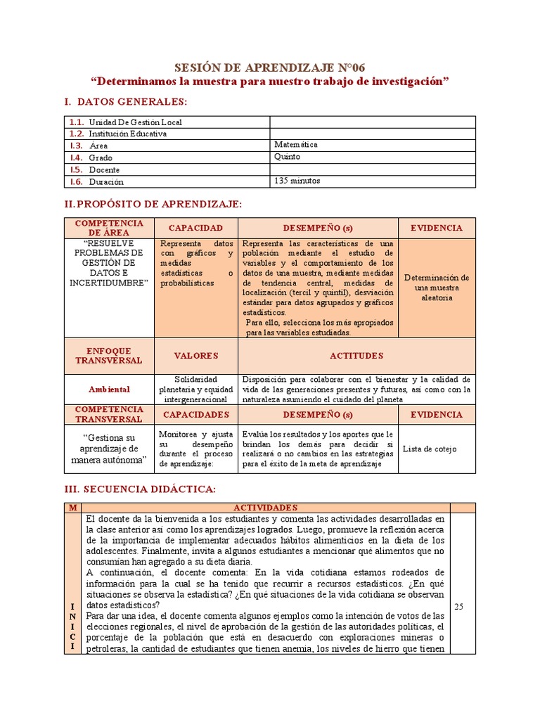 Sesión de Aprendizaje N°6 - 5to Grado | PDF | Muestreo (Estadísticas) | Aprendizaje