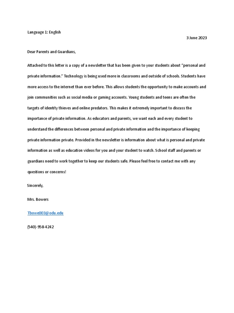 Letter To Parents - Taylor Bowers | PDF