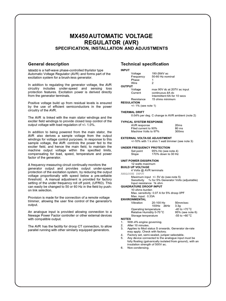 MX450 AVR Installation and Specifications | PDF | Electric Generator ...