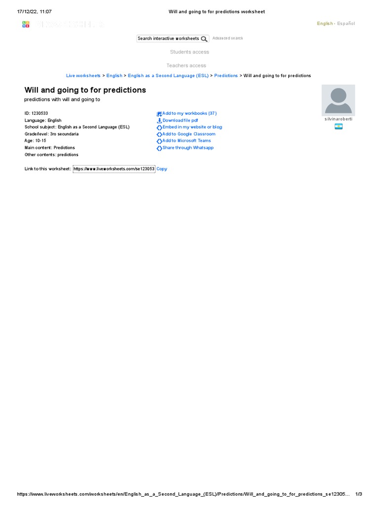 Will and Going To For Predictions Worksheet | PDF | Worksheet ...