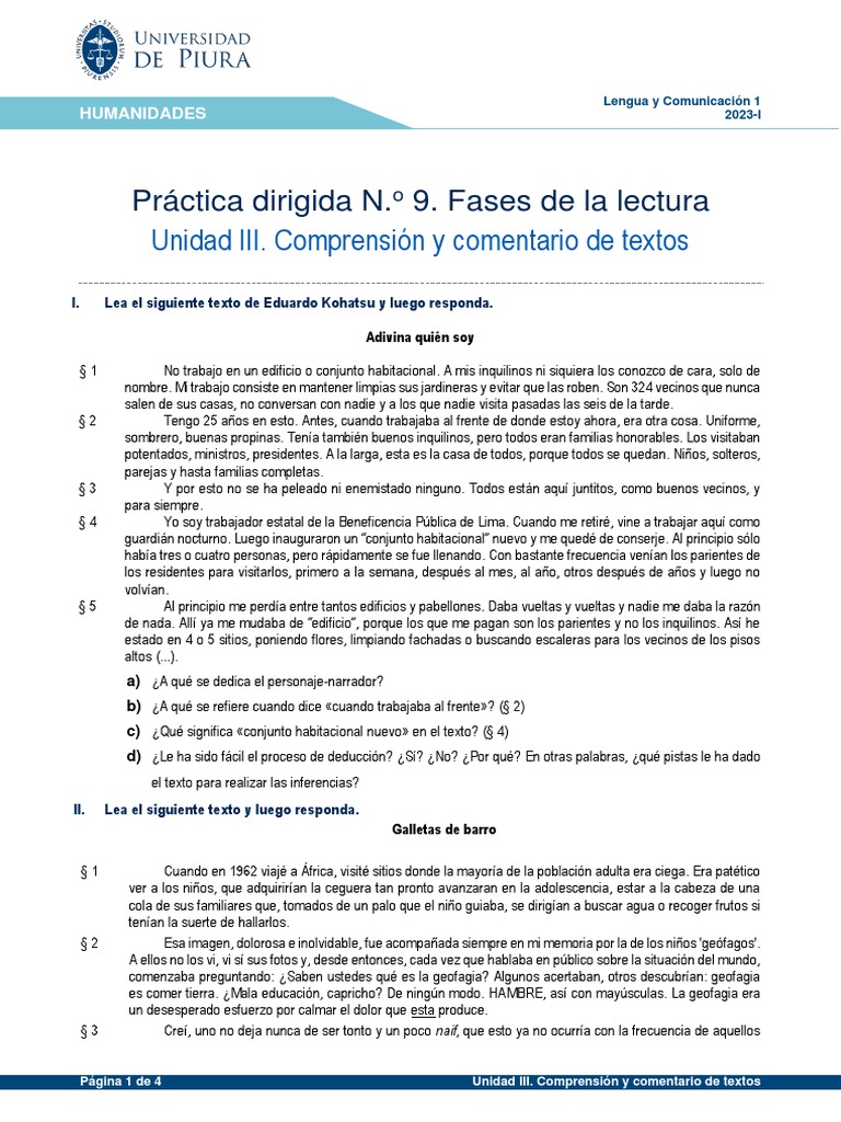 Práctica Dirigida N. 9. Fases de La Lectura: Unidad III. Comprensión y ...