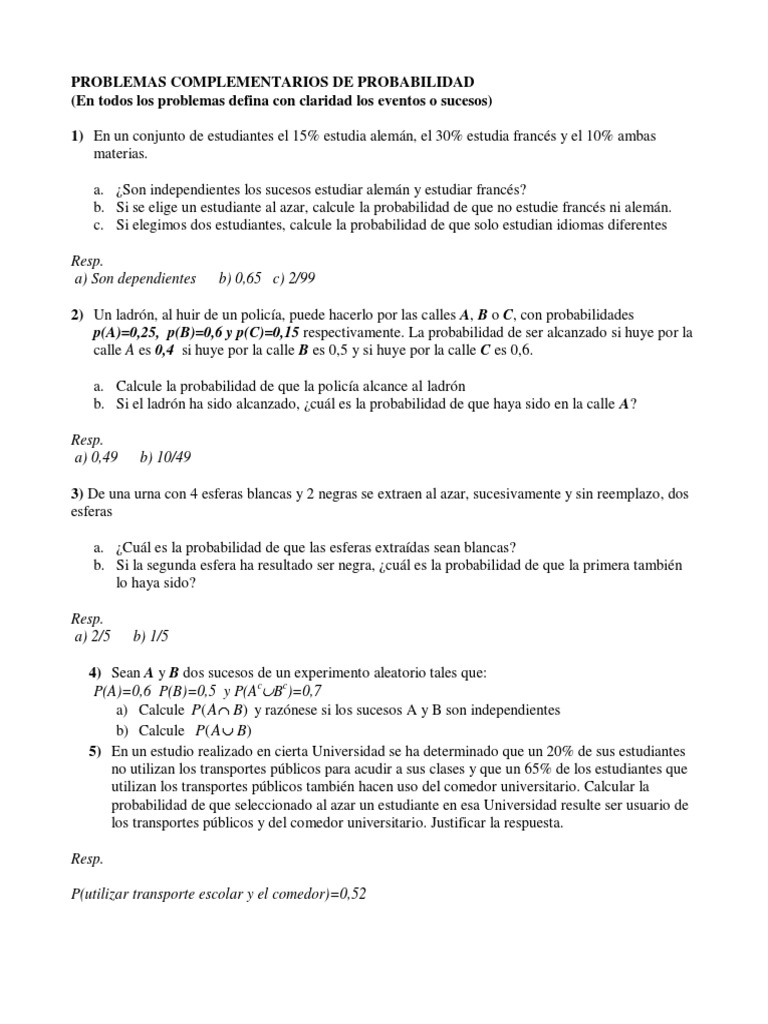 Problemas Complementarios de Probabilidad1 | PDF | Probabilidad