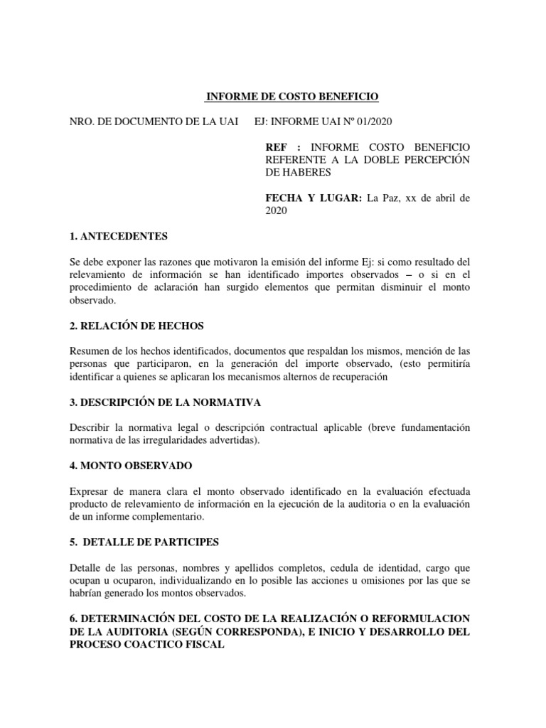 Modelo Inf Costo Beneficio Propuesto | PDF | Auditoría