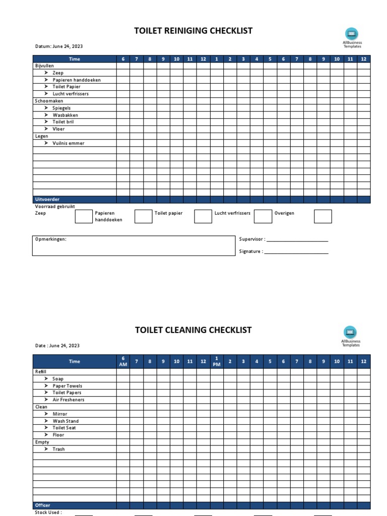 Toilet Cleaning Checklist Models NL en | PDF