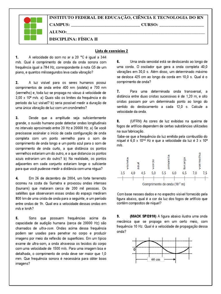 Lista de Exercicios 2 - Lic. Quimica | PDF | Ondas | Som