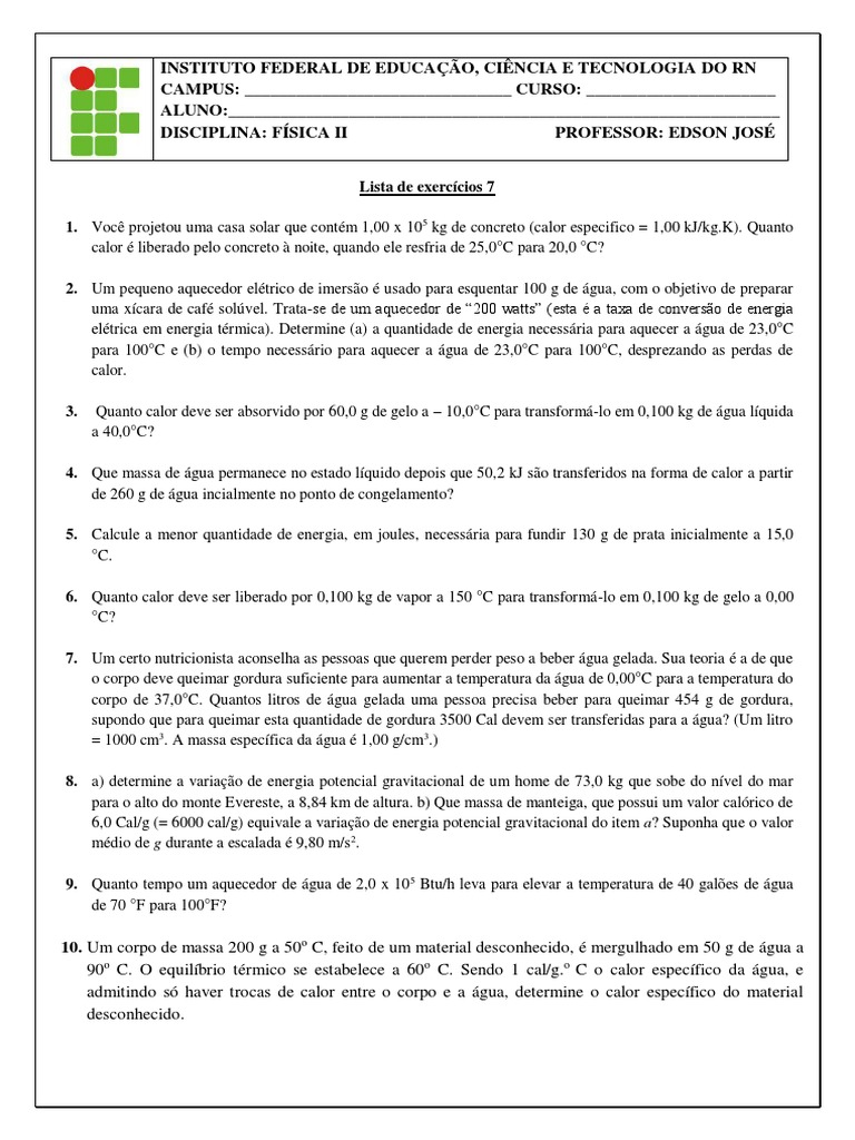 Lista de Exercicios 7 - Lic. Quimica II | PDF | Calor | Temperatura