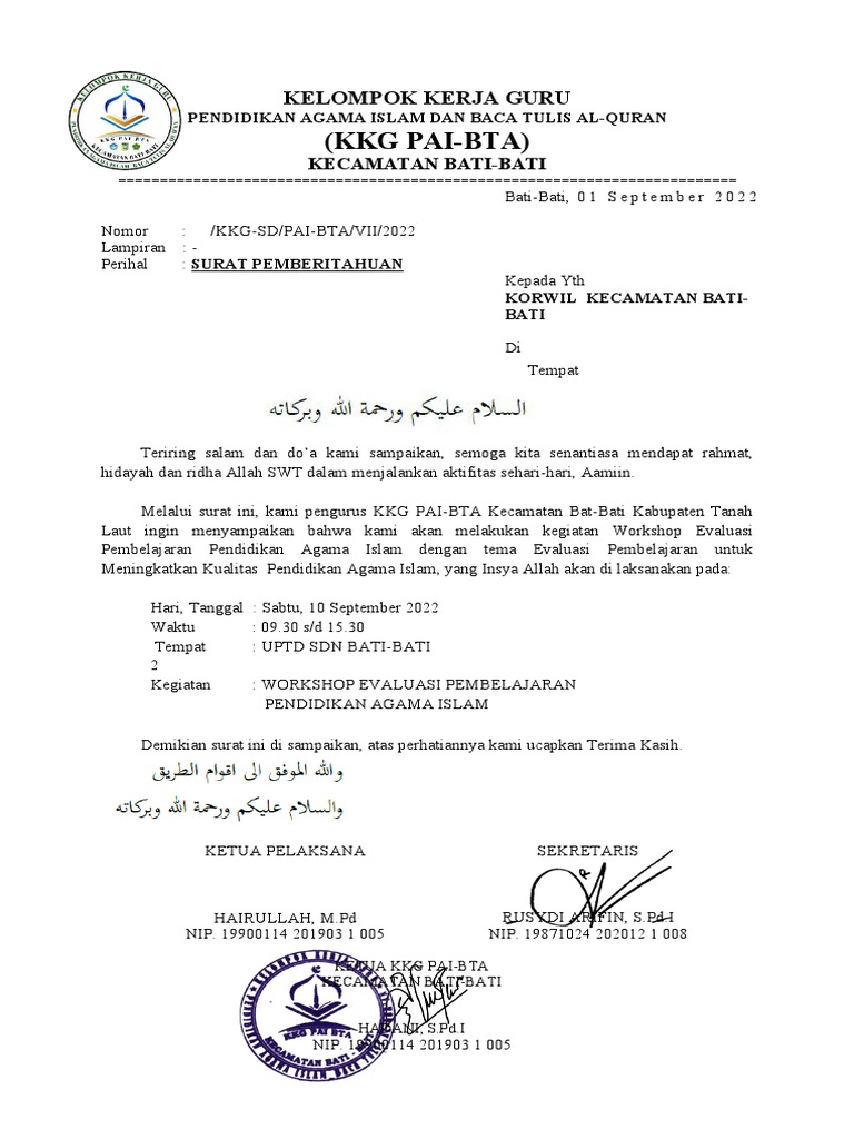 Surat Pemberitahuan Kegiatan Workshop Evaluasi Pemb Ke Korwil | PDF