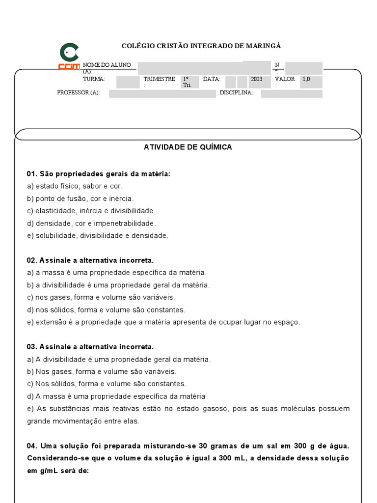 Atividades de Quimica Prop. Gerais Da Matéria | PDF | Química | Mistura