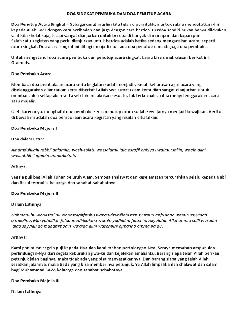 DOA SINGKAT PEMBUKA DAN DOA PENUTUP ACARA | PDF
