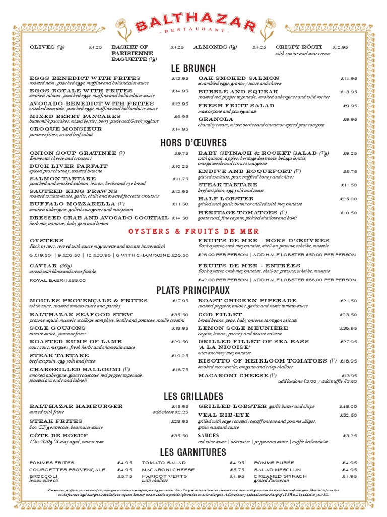 Balthazar Menus Summer 2023 Brunch No Nibbles Service | PDF | Sauce ...