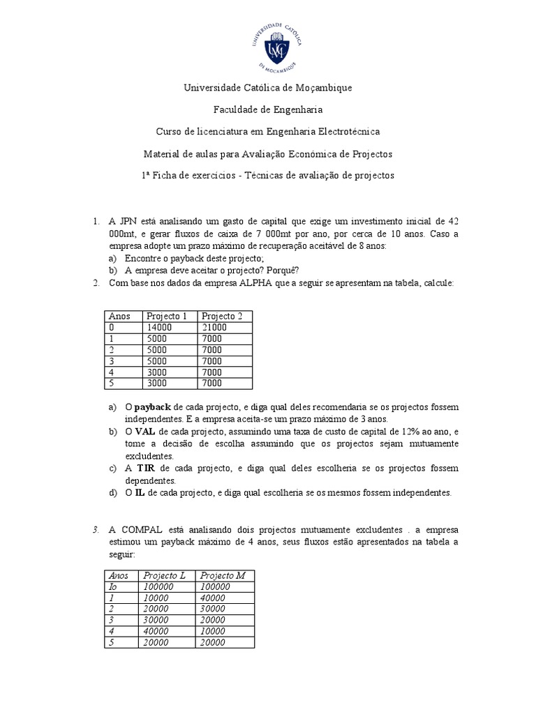 Tecnicas de Orcamento de Capital - Exercicios-2 | PDF | Investimentos ... Tecnicas de Orcamento de Capital - Exercicios-2 | PDF | Investimentos ...