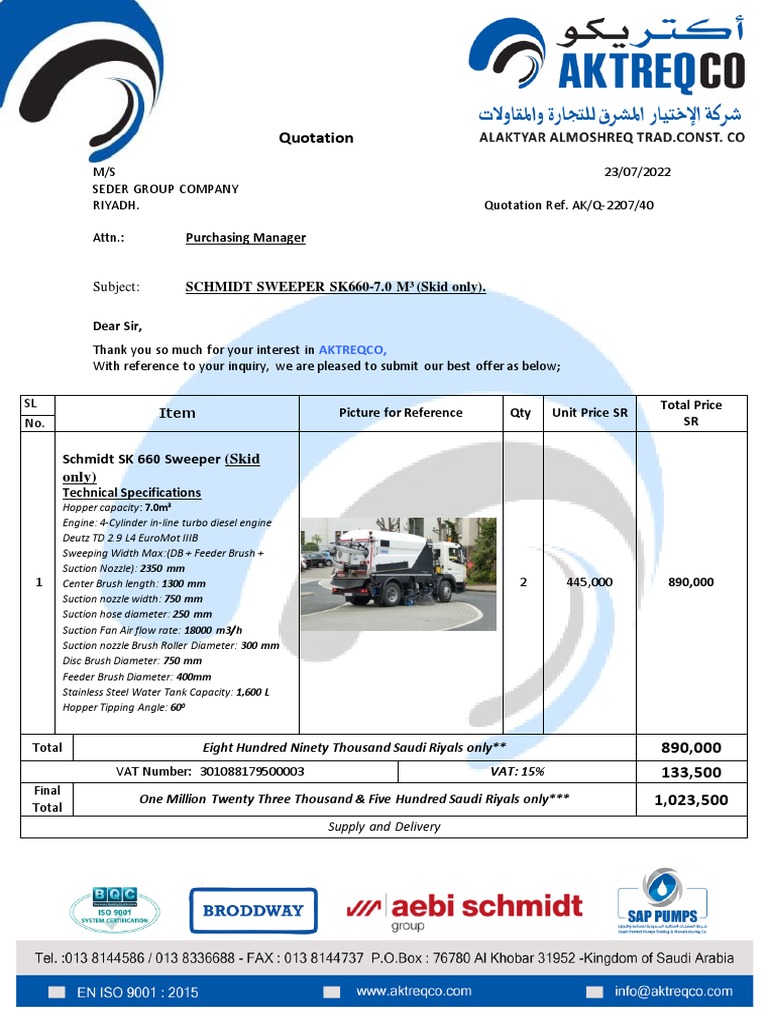 Quotation for Schmidt SK660 Sweeper | PDF